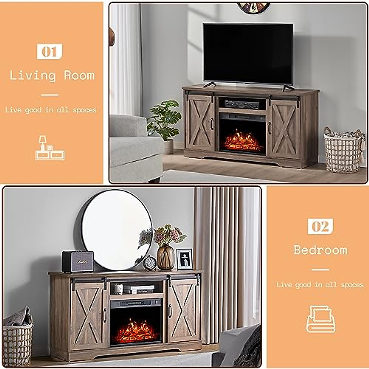 AMERLIFE 5-Piece Farmhouse Table Set Includes Fireplace TV Stand, Coffee Table& Two End Tables with Charging Station and USB Ports, for Living Room, Barnwood
