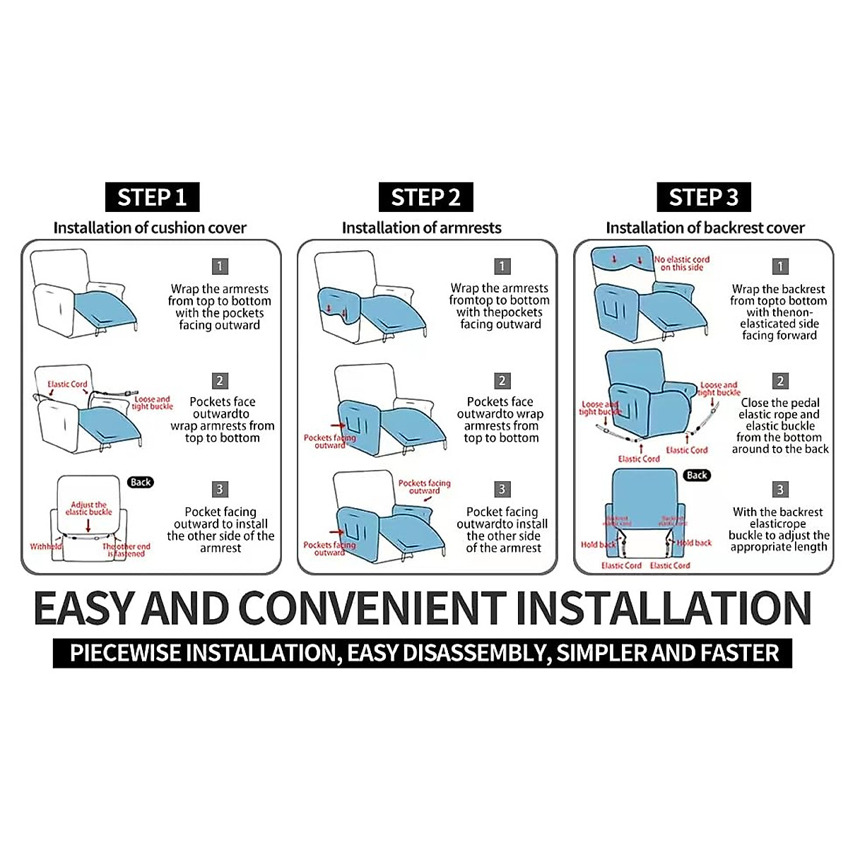 HewTLES PU Leather Recliner Cover, Elastic Waterproof Sofa Cover, 4-Piece Recliner Cover with Pockets, Easy to Clean Recliner Covers for Large Recliner，Added armrest Storage Pockets (Black)