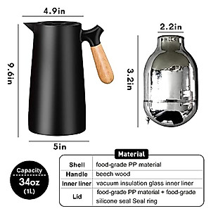 CUDINHAM Thermal Coffee Carafes for Keeping Hot,34oz Large Capacity Thermos for Hot Drinks,24 Hours Heat Retention,Double Wall Vacuum Coffee Thermos with Solid Wood Handle.(Black)