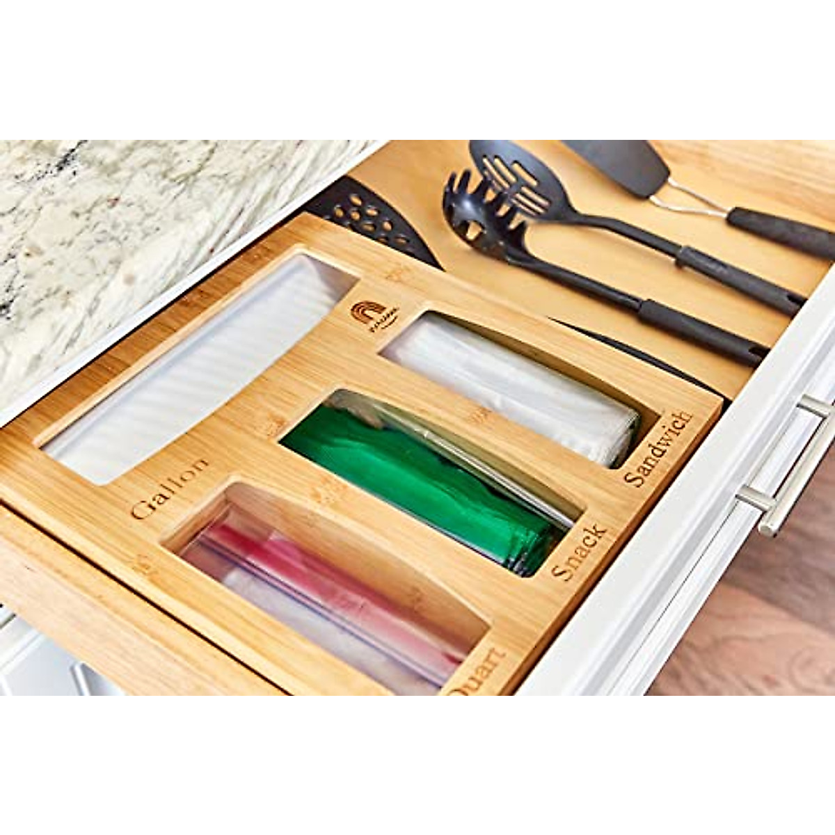 Jaza Goods | Ziplock Bag Storage Organizer and Dispenser for Kitchen Drawer | Wall Mountable | Compatible with Gallon, Quart, Sandwich & Snack Size Bags