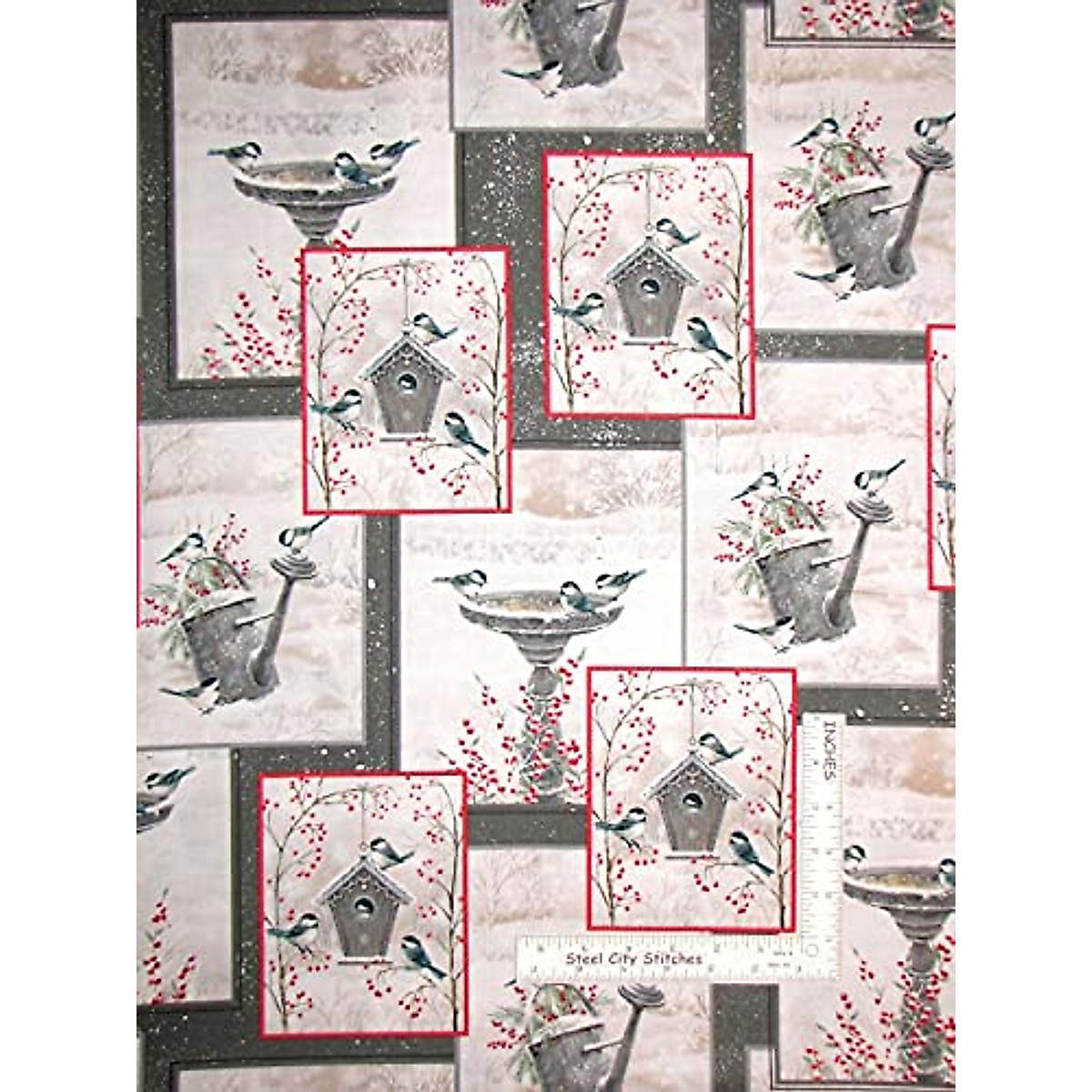 Quality Fabric Christmas Snow Berry Bird Bath Gray 100% Cotton Fabric QT Winter Garden The by The Yard