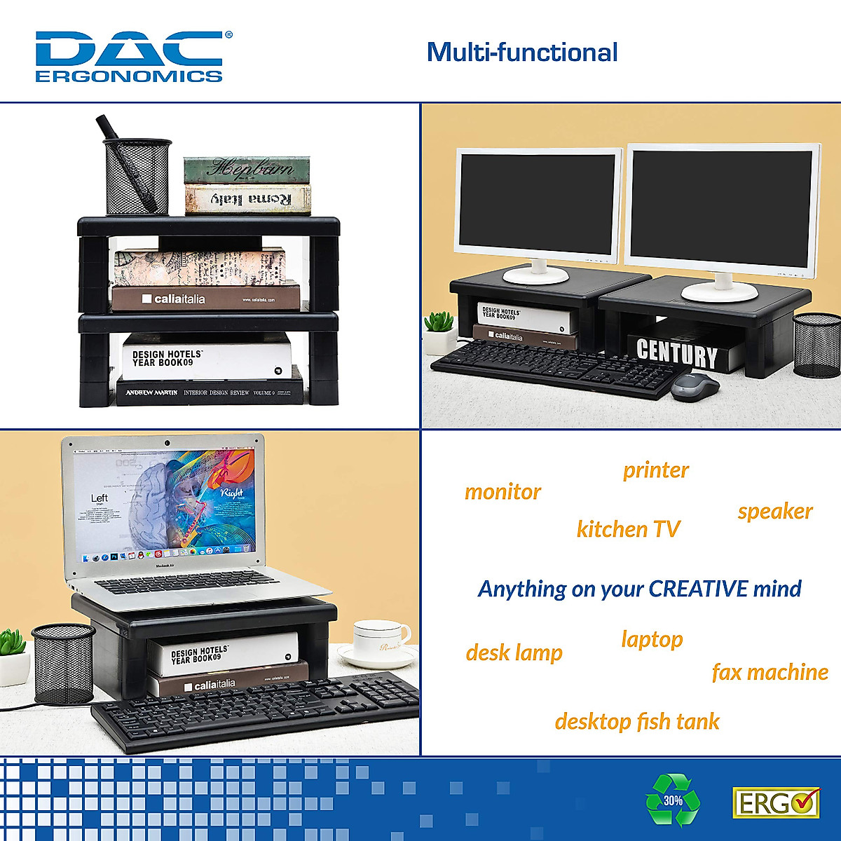 DAC STAX Computer Monitor Riser, Ultra-Sturdy Adjustable Desktop Monitor Stand, Supports up to 66 Pounds, Medium Size, 2-Pack, for Dual Monitor Setup