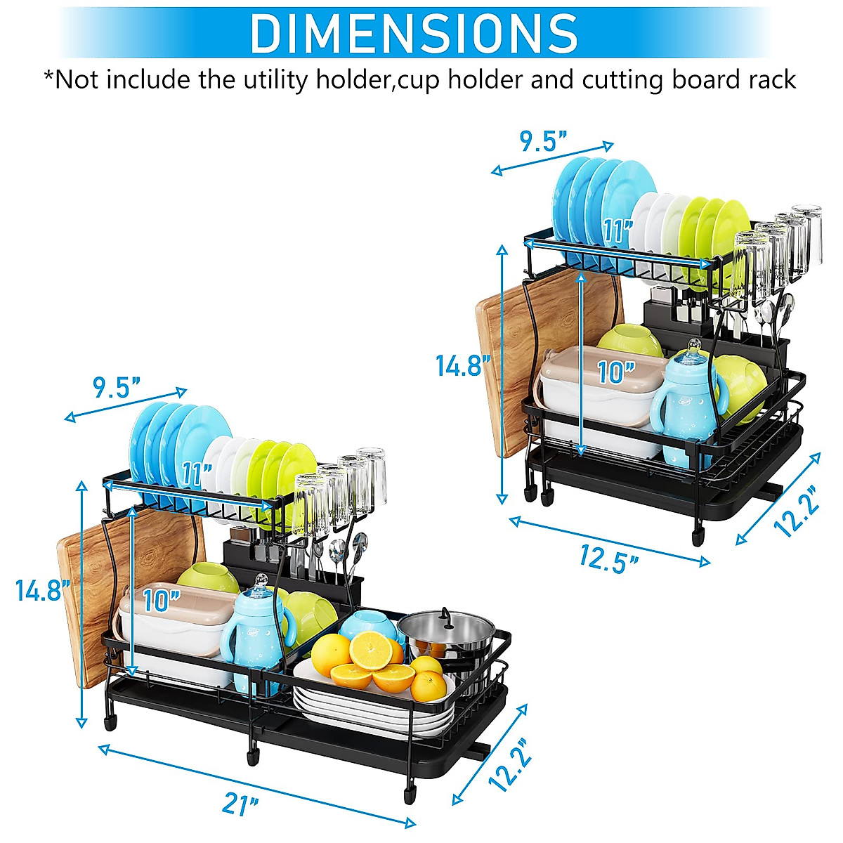 SNSLXH Large Dish Drying Rack Drainboard Set, Expandable 2 Tier Dish Racks for Kitchen Counter, Dish Rack with Drainage, Utensils Holder, Cup Holder-Black