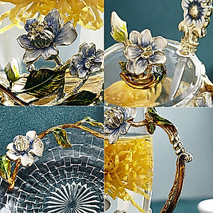 LANTREE Unique Tea Cups Mother's Day Gift Enamels Flower Glass Coffee Mug with Spoon Jasmine Cups Birthday Christmas Gift for Women 12oz