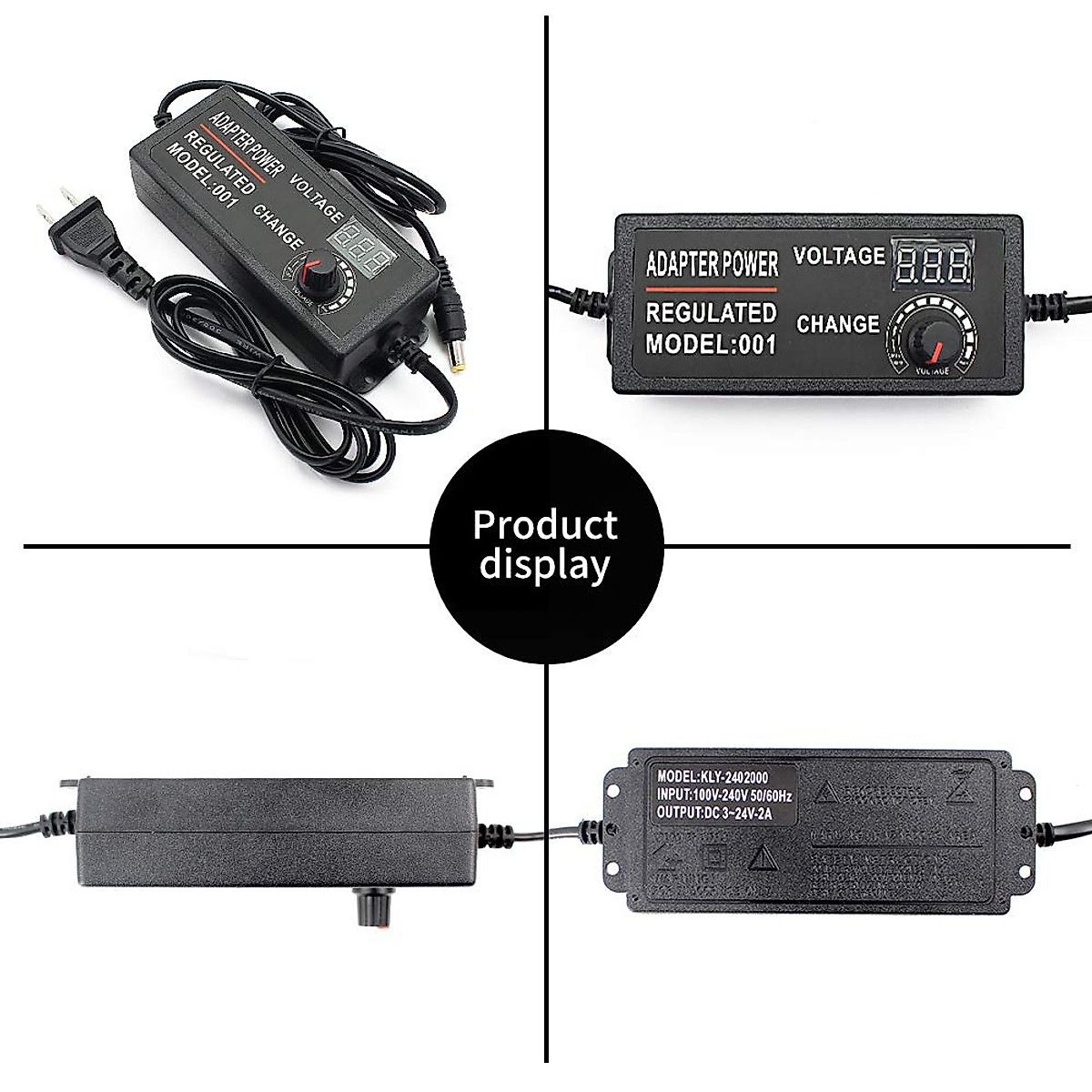 3-24V 2A Adjustable Power Adapter, Yetaida 48W Universal Switching Variable Power Supply 100-240V AC to DC 5V 6V 9V 12V 15V 18V 19V 20V for LCD Monitors, LCD TVs, LED Strip Lights, Routers