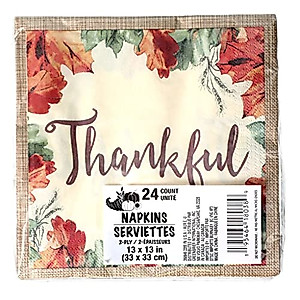 Fall Harvest Leaves "Thankful" Disposable Paper Lunch Napkins | Beautiful Leaf Design with Burlap Border | Perfect for Fall Parties, Thanksgiving & Decoupage | 24 ct | 2 ply | 6.5"x6.5" size folded