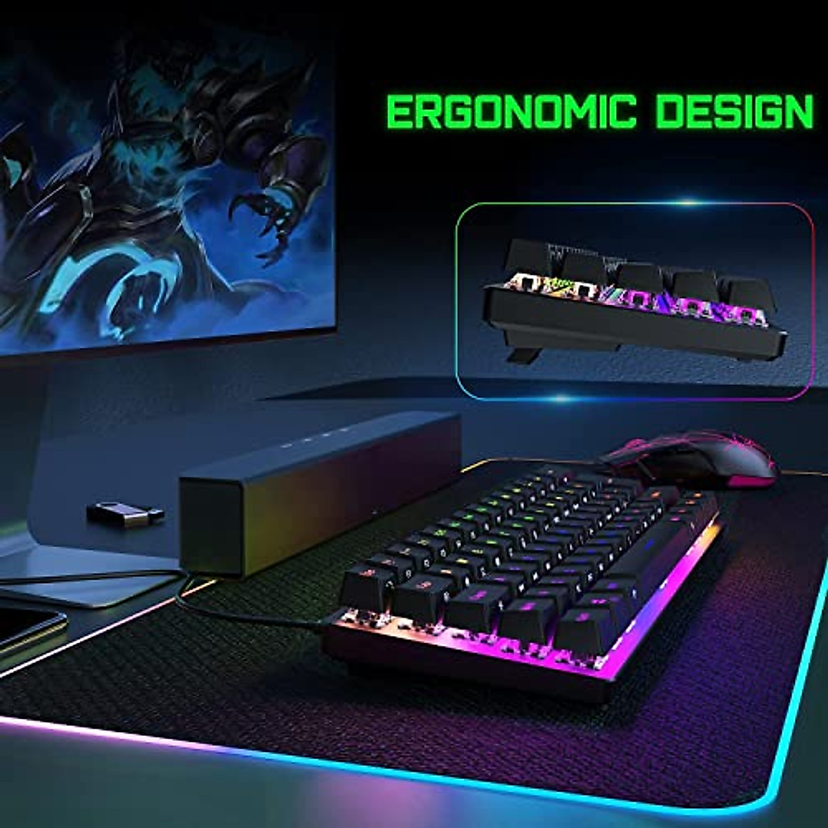 Compact 60% Mechanical Gaming Keyboard with Ergonomic Anti-ghosting Mini 61 Key Layout Rainbow RGB Backlight Waterproof Metal Plate Type-C USB Wired for PC Mac Gamer Office Typist (Black/Blue Switch)