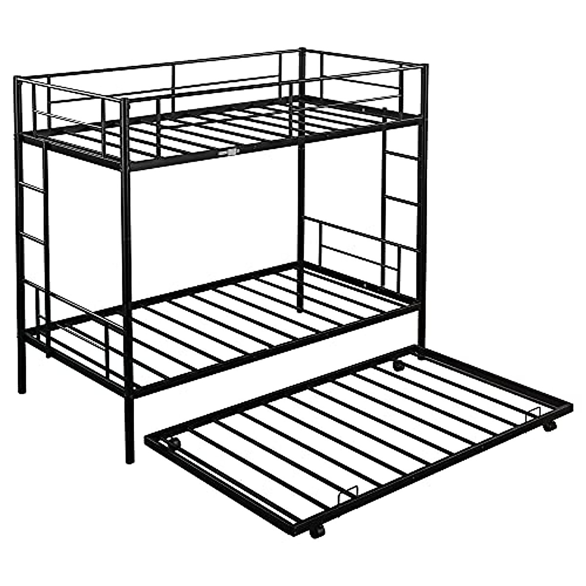 CALABASH Twin Over Twin Metal Bunk Bed with Trundle Heavy Duty Twin Size Metal Bunk Beds Frame with 2 Side Ladders Convertible Bunkbed with Safety Guard Rails,No Box Spring Needed (Black)