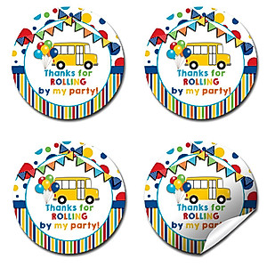 Wheels On The Bus Thank You Sticker Labels, 40 2" Party Circle Stickers by AmandaCreation, Great for Party Favors, Envelope Seals & Goodie Bags
