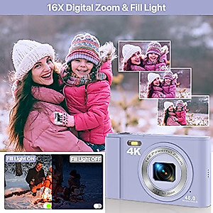 Digital Camera, 4K 48MP Kids Camera with 16X Zoom 32GB SD Card, Compact Mini Pocket Camera Adult Seniors Students Kids Beginner(Purple)