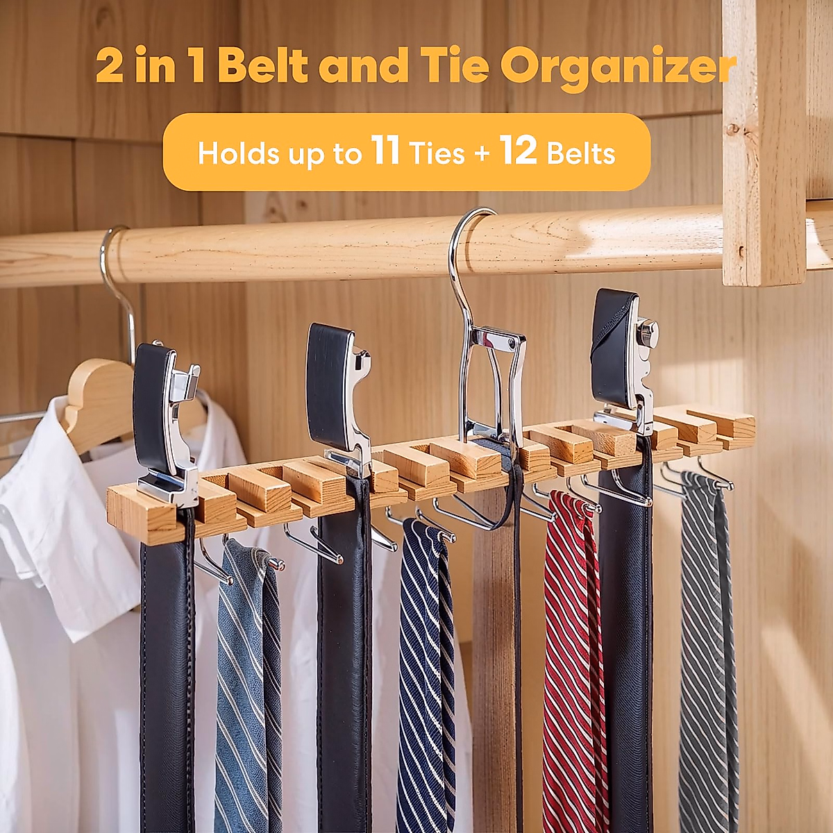 2 Pack Tie Rack Belt Hanger for Closet, 2 in 1 Tie Organizer Wall Mount, 12 Belts + 11 Ties Holder for Men, Wooden Belt Holder Storage for Belts Scarves