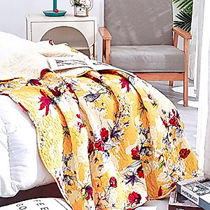 DaDa Bedding Yellow Floral Lap Quilt - Quilted Throw Blanket - Hummingbirds Farmhouse Red Flowers for Couch, Sofa or Bed- Scalloped Edges Bright Vibrant for Biophilic Design - 50 x 60