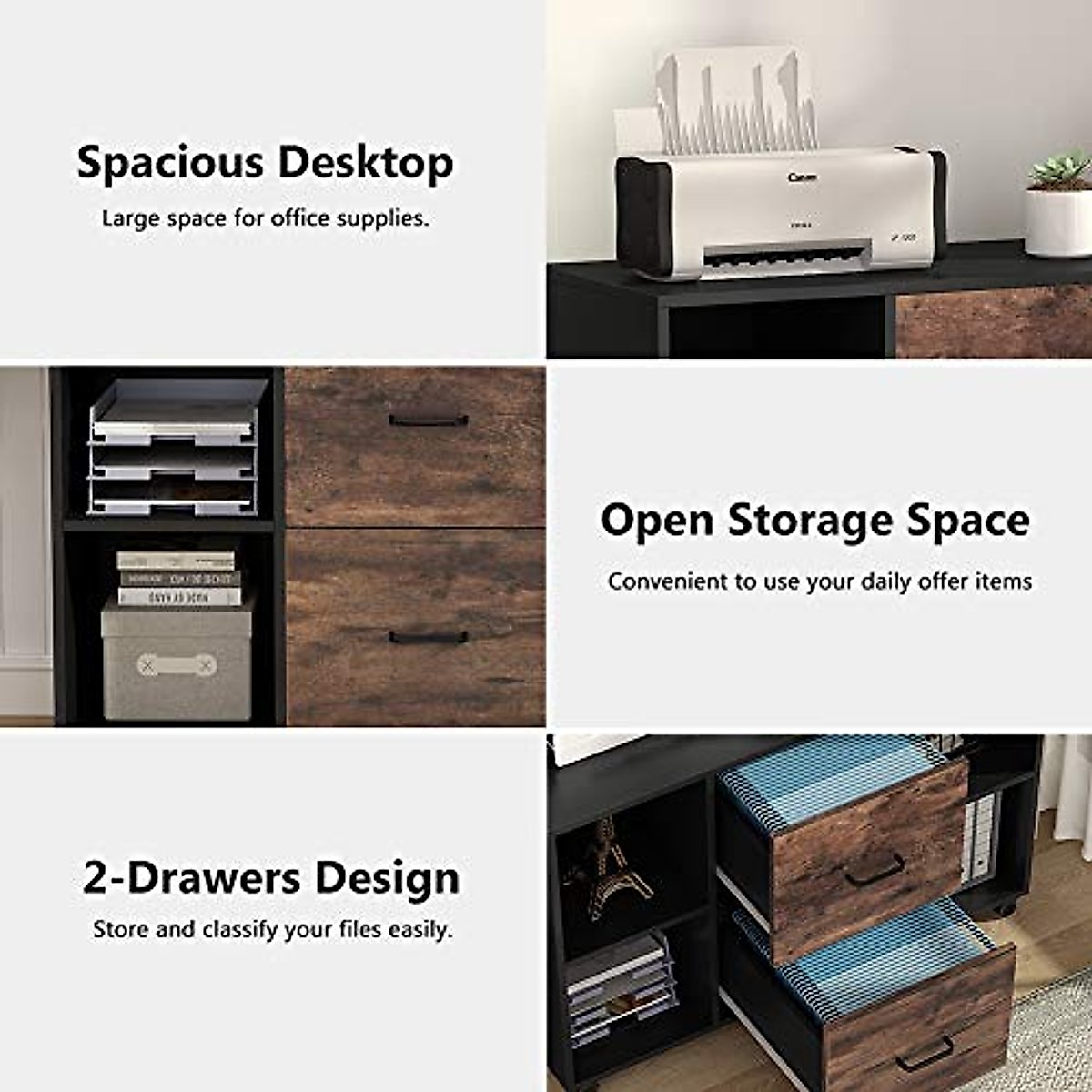 Tribesigns 2 Drawer File Cabinet, Large Mobile Lateral Filing Cabinet for Letter Size, Printer Stand with Storage Shelves and Rolling Wheels for Home Office (Black/Rustic)