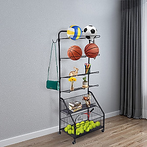 CNCEST 36.1x16.54x46.5inch Movable Sports Ball Storage Organizer, Sports Equipment Rack,2 Hooks+2 Storage Bins +4 Wire Basket Garage Glove Holder,for Garage/Storage Room