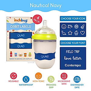 InchBug Orbit Labels - White Contrasting Personalization Silicone Baby Bottle & Sippy Cup Bands - Reusable, Dishwasher Safe, Engraved Name Labels for Daycare, 4-Pack (Nautical Navy)