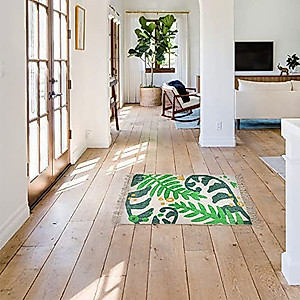 Green Philosophy Into The Fronds Handwoven Floral Leaf Cotton Area Rug 2'x3' Floor Carpet with Tassels Washable Green Accent Boho Home Decor Gift Throw Runner for Entryway Bedroom Living Room Kitchen