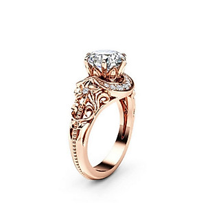 HUKQBUNX 18k Rose Gold morsonite Hollowed Out Flower Flower Crescent Diamond Multi Crystal gem morsonite Women's Precious Fashion Wedding Engagement Diamond Ring Size 6-10 (Size 7)