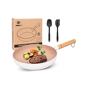 BUNDLEPRO Nonstick Frying Pan, Granite Coating Skillet with Wooden Handle, 9.4'' Induction Compatible White Aluminum Cookware for Cooking Fish, Egg, Chicken, Steak,Vegetables