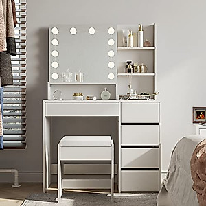 Furniouse 37" W Vanity Desk, Vanity Mirror with Lights and Table Set with 5 Drawers, Vanity Set 3 Lighting Modes Brightness Adjustable for Bedroom Studio