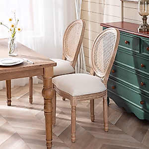 Nrizc French Country Dining Chair Set of 2, Vintage Chic, Upholstered and Carved Wooden Frames, Beige Linen Fabric, Lightweight and Sturdy, Ideal for Dining Room, Kitchen, Living Room, Bedroom