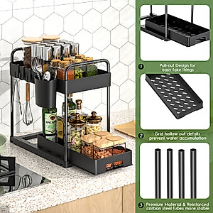 2 Pack Under Sink Organizer- 2 Stackable Rack Organizer Tier Bathroom Under the Sink Organizers Multi-Usage Kitchen Cabinet Organizers and Storage Bath Shelf Baskets w 4 Hanging Cup and 5 Hooks, Black
