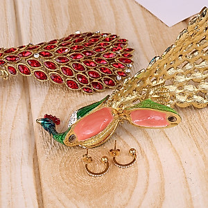 Ingbear Green Peacock Figurine Hinged Trinket Box For Women, Unique Gift for Mother's Day, Home Decor with Rhinestone and Crystal, Hand-Plated Enameled Jewelry Box