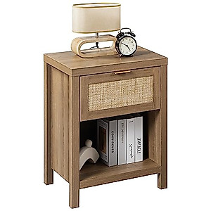 SICOTAS Rattan Nightstand - Farmhouse Night Stand with Drawer and Storage Shelf - Boho Accent Table Bedside Table End Table Side Table for Bedroom Wood