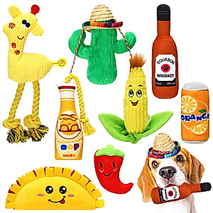 Glimin 9 Pcs Mexican Squeak Plush Toys 8 Stuffed Chew Toys 1 Dog Sombrero Hat Funny Stuffed Chew Toys Interactive Funny Dog Toys with Squeaker for Small and Medium Dog Mexican Party Decoration