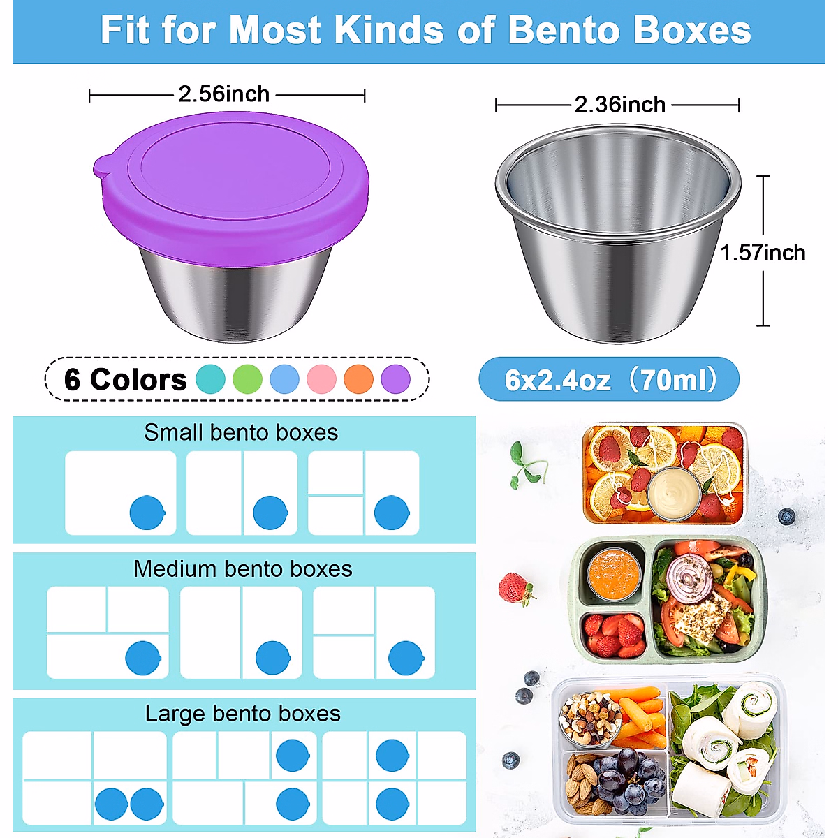 6x 2.4oz Salad Dressing Container to Go, Condiment Containers with Lids, Stainless Steel Sauce Cups Salad Dressing Container for Lunch Bento Box, Reusable,Leakproof