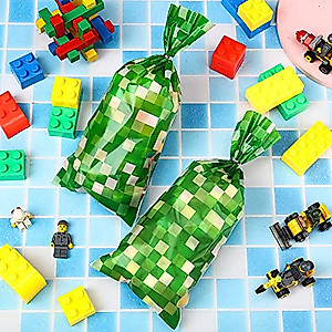 100 Pcs Pixel Mine Party Favors Bags Green Treat Bags St. Patrick's Day Cellophane Candy Bags with 150 Silver Twist Ties for Pixel Themed Birthday Party Supplies Irish Day Party Favor