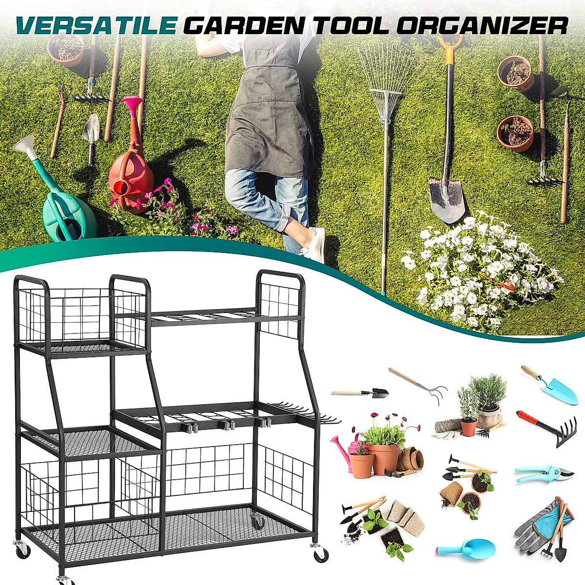 Rengue Garden Tool Organizer, 3 Tier Utility Yard Tool Organizer with Wheels, Large Garden Tool Storage Rack with Extra Storage Basket for Shed/Garage/Garden/Yard/Lawn