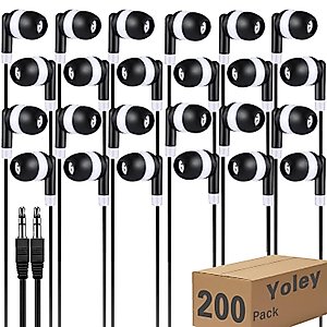Yoley 200 Packs Classroom Earbuds Bulk Headphones for Kids School Students Children, Wholesale Class Set Durable Earphones, Individually Bagged (200 Black)