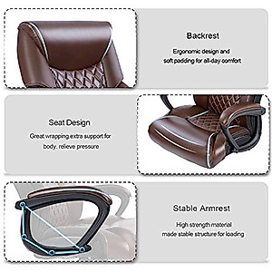 Executive Office Chair 350lbs - Adjustable Built-in Lumbar Support, Leather Office Chair with Spring Cushion, Computer Desk Chair with Padded Armrest, 360° Swivel Chair for Home and Office (Brown)