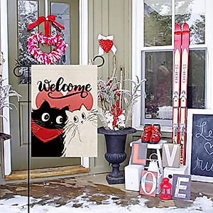 Valentines Day Garden Flag Cat Welcome Valentines Garden Flag Love Heart Home Burlap Double Sided Yard Decor 12.5x18 Inch