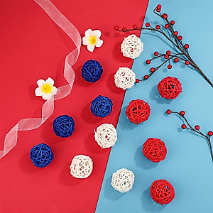 15 Pieces 1.8 inch 4th of July Wicker Rattan Balls Patriotic White Blue Red Decorative Ball Vase Bowl Fillers Natural Sphere Orbs Table Decoration for Independence Memorial Day Home Garden Party Decor