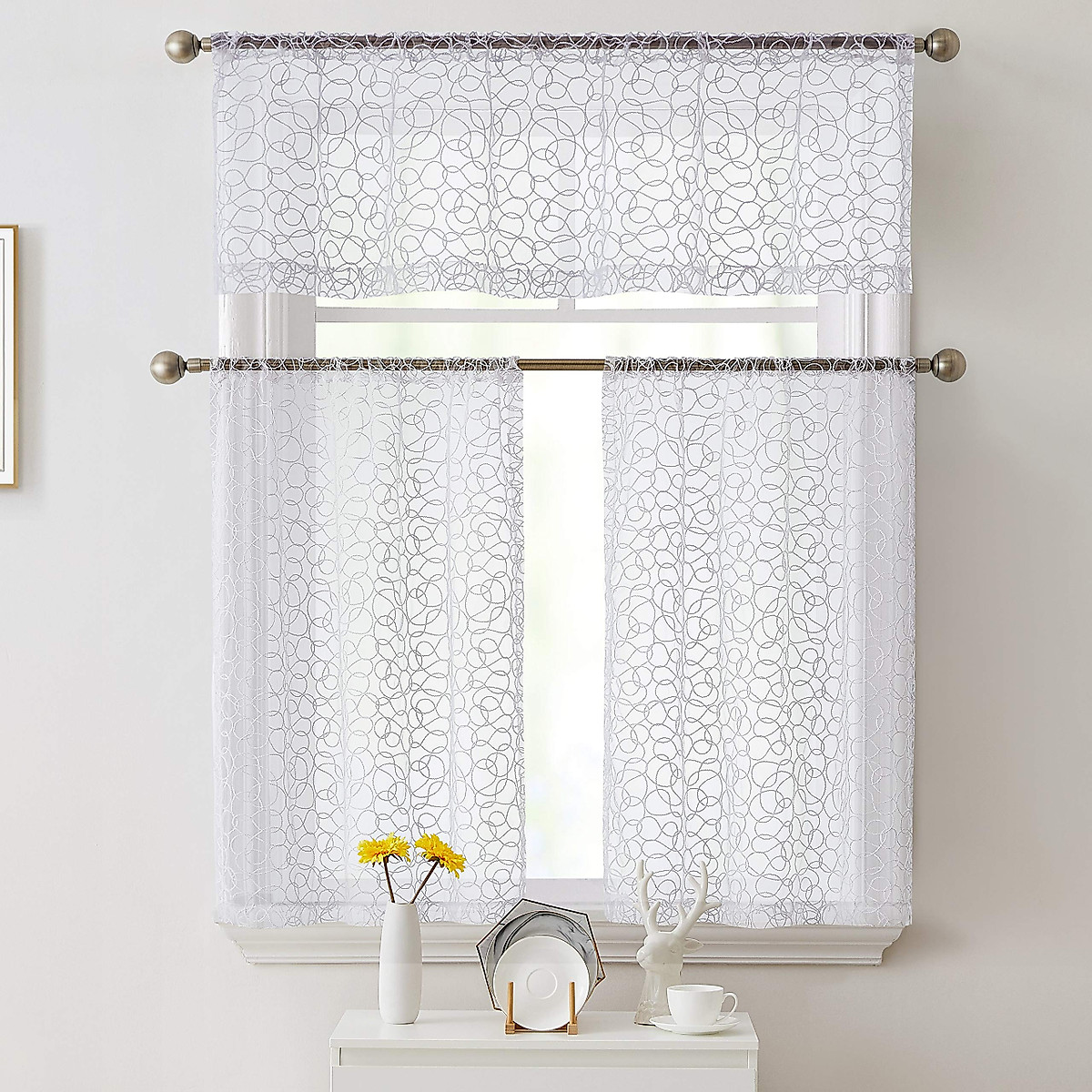 HLC.ME Audrey Embroidered Sheer Voile Window Curtain Short Rod Pocket Tiers for Kitchen, Bedroom, Small Windows and Bathroom (30 x 24 inch Long, White)