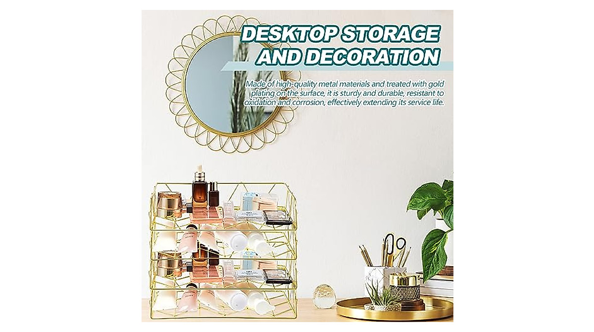 Yeaqee 4 Tier Gold Desk Organizer - Stackable Metal File Trays