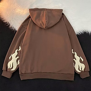 Ponitrack Unisex Zip Up Hoodies Y2k Flame Print Aesthetic Oversized Sweatshirt Vintage Graphic Jackets Streetwear (Brown,L,Large)