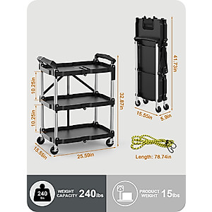 HIMIX Foldable Utility Carts with Wheels, 3-Tier Holds 240lbs Folding Rolling Cart with Fixed Rope, Collapsible Service Cart for Home, Office, Garage, and Warehouse - No Assembly Required