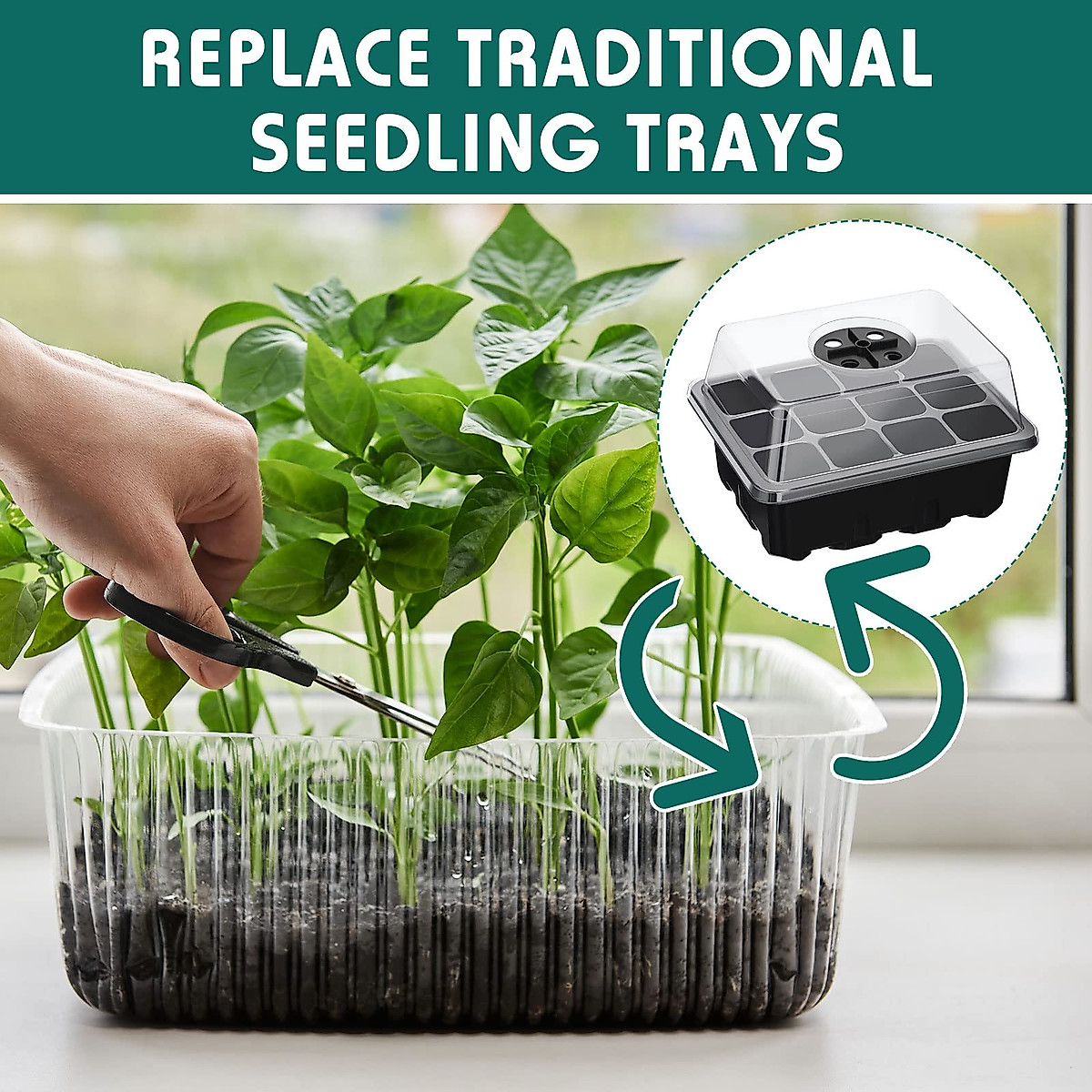 Nuogo 30 Packs Seed Starter Tray 360 Cells Seed Starter Kit with Humidity Domes and Base with 6 Plant Growers Base Indoor Greenhouse Mini Propagator Station 7.3'' x 5.7'' x 4.1''