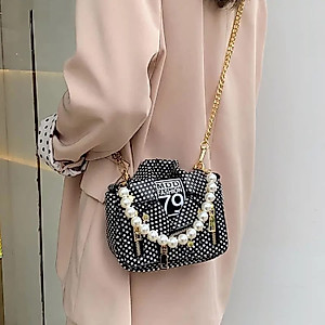 Classic Polka-dot Style Cross Body Bag for Women with Pearl Band, PU Leather Hip-hop Style Chain Handbags (Black)