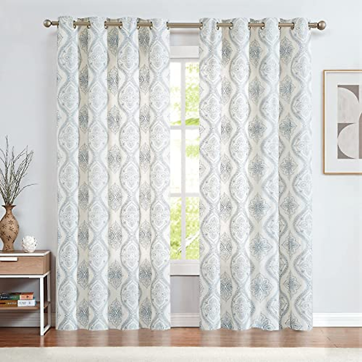 jinchan Linen Textured Curtains for Living Room Embroidered Design Window Curtains Light Filtering Flax Linen Look Window Treatment Set for Bedroom Grommet Top 2 Panels 96 Inch Length Blue