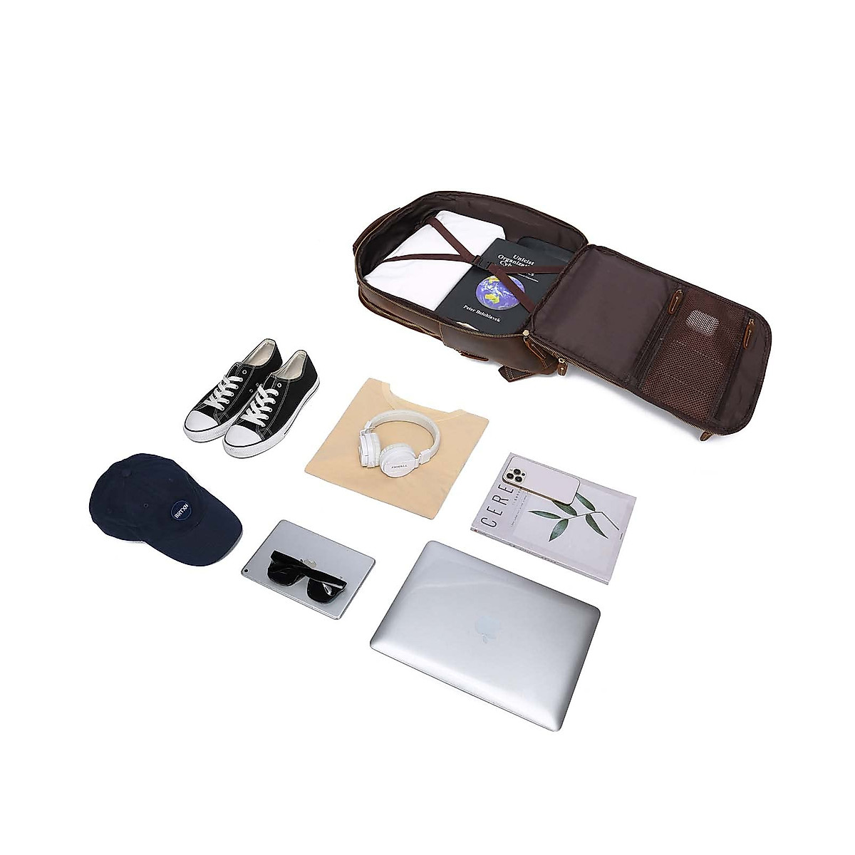 Taertii Full Grain Leather Backpack for Men, Fits 15.6" Laptop Multi Pockets Travel Bag Daypack Rucksack - Brown