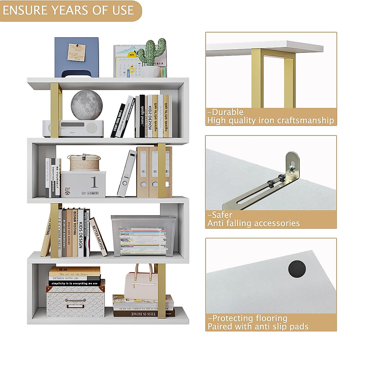 SORCEDAS Bookshelf Geometric Bookcase S Shaped Industrial Bookshelf Storage Display Stand Shelf for Living Room Bedroom and Office Room (White, 4 Tier)