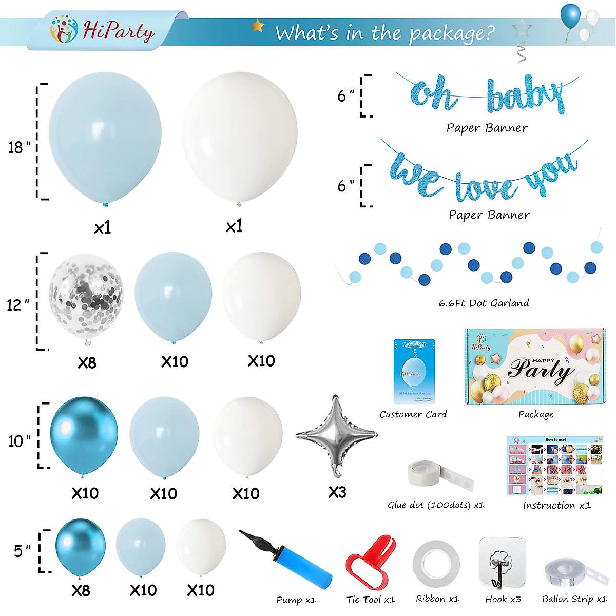 Upgraded,105PCS Gender Reveal Baby Shower Decorations for Boy,Blue and White Birthday Balloons Garland Arch Kit, Oh Baby Birthday Banner, Giltter Dots Birthday Garland+Pump+Complete Accessories