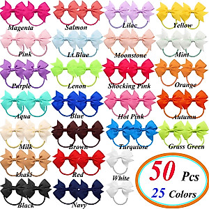 Baby Hair Ties with Bows,50pcs 2inch Baby Hair Bows Durable Rubber Bands Ponytail Holders Toddler Essential Hair Accessories for Infants Baby Girls in Pairs