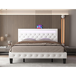 Benevika Full Size Bed Frame with LED Lights, Upholstered Platform Bed Frame, Adjustable Headboard with Charging Station, Wooden Slats Support, Easy Assembly, No Box Spring Needed, White