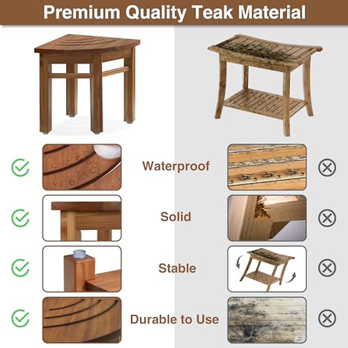 12 Inch Teak Showr Stool and 19 Inch Teak Shower Bench for Inside Shower