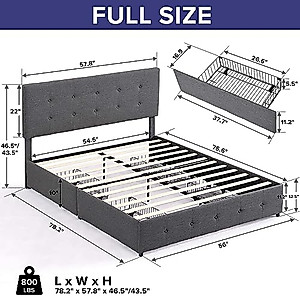 Full Size Linen Upholstered Platform Bed Frame with 4 Storage Drawers and Adjustable Button Headboard, Modern Soft Tufted Bed for Boys Girls Adults, Wooden Slats Support, No Box Spring Needed (Full)