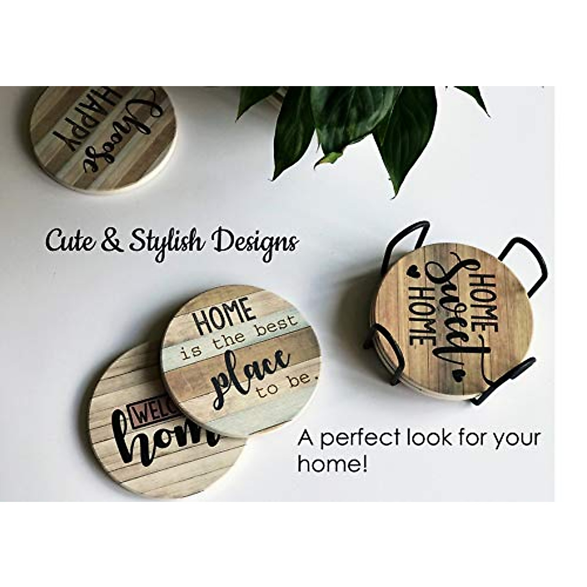 PANCHH Rustic Farmhouse Stone & Cork Coasters for Drinks, Absorbent - Set of 6 Coasters with Holder - Best Housewarming Gifts for New Home Ideas - Cute Kitchen and Coffee Table Décor & Accessories